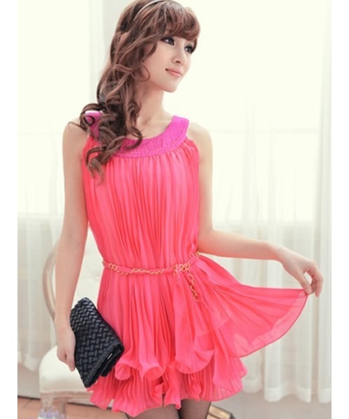 Rose Women Korean Fashion Sleeveless Solid Color Chiffon Dress H6180ro ...