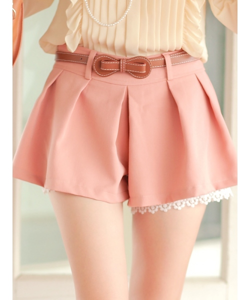 Women Pink Cotton Floral Hem Short Pant With Belt S/m@mf9891p on Luulla