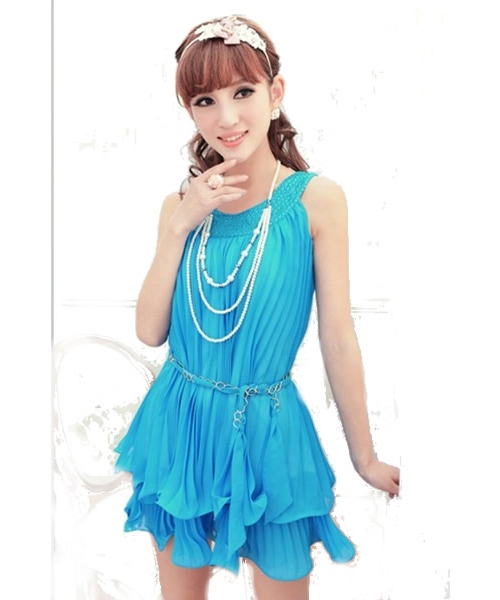 Sky Blue Women Korean Fashion Sleeveless Solid Color Chiffon Dress ...